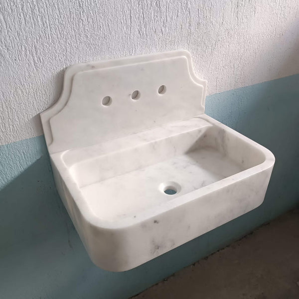 Carrara Marble Sink - White Wall Mount Floating Stone Bathroom Basin ...