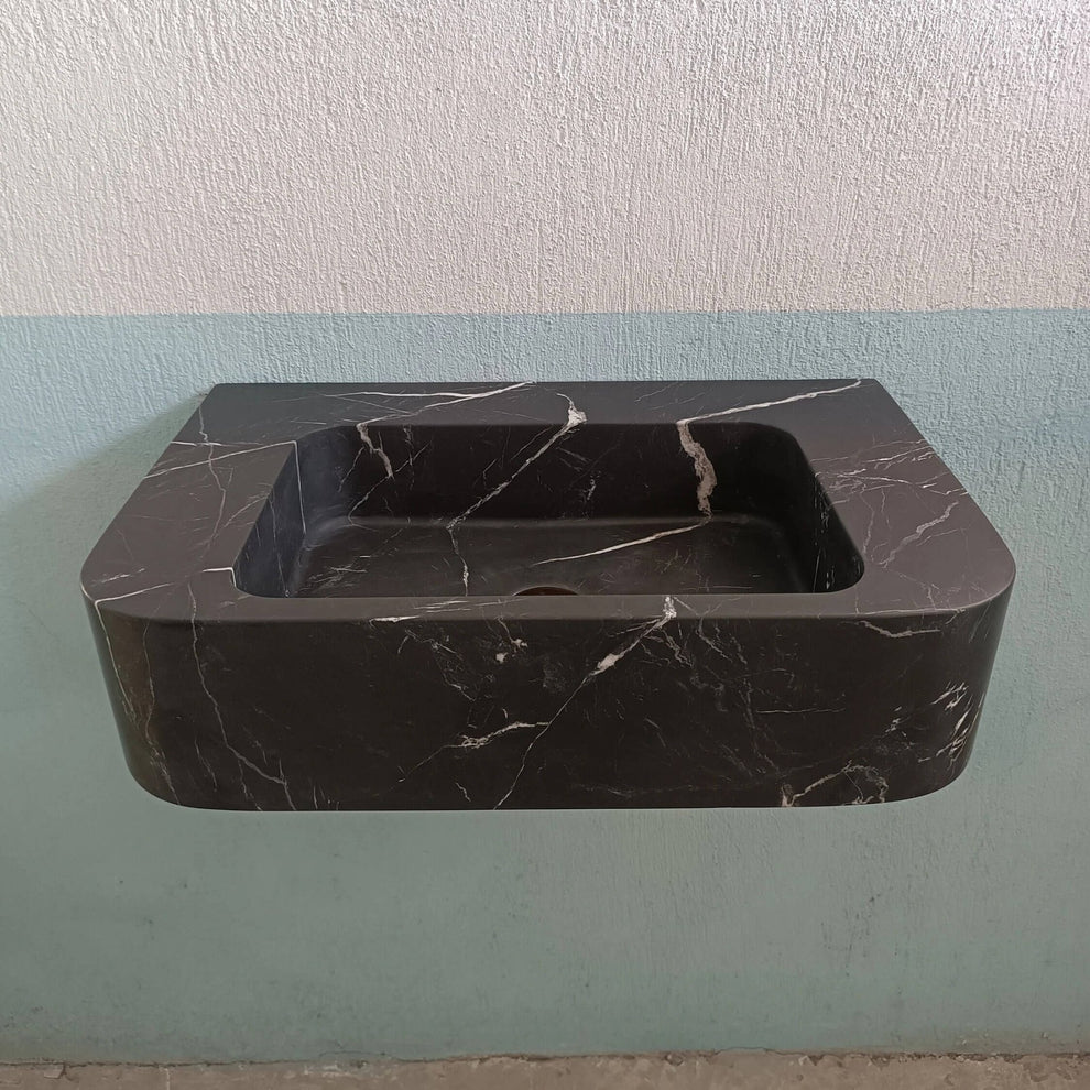 Nero Marquina Black Marble Sink, Floating Stone Bathroom Sink, Wall-Mo ...