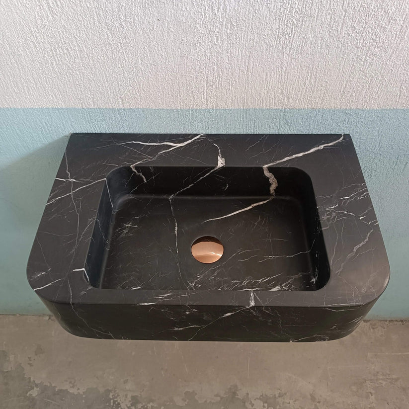 Nero Marquina Black Marble Sink, Floating Stone Bathroom Sink, Wall-Mo ...